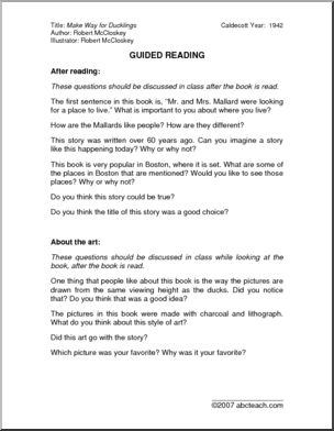 Make Way for Ducklings (primary/elem) Guided Reading – Abcteach