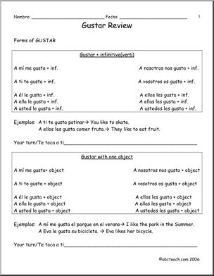 Spanish: Spanish 1 – Prueba de verbos: Gustar/Encantar (secundaria ...
