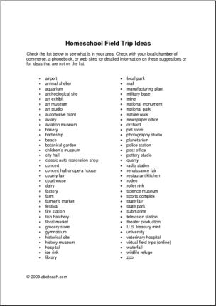 Planner: Homeschool Field Trip Ideas – Abcteach