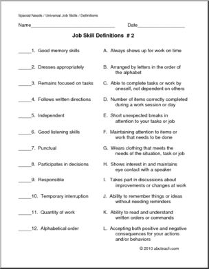 Special Needs: Job Skills Definitions 2 (secondary/adult) – Abcteach