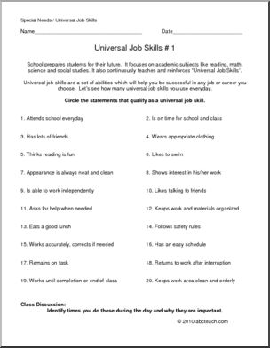 Special Needs: Recognizing Universal Job Skills 1: Practice (secondary ...