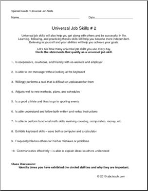 Special Needs: Job Skills Definitions 2 (secondary/adult) – Abcteach