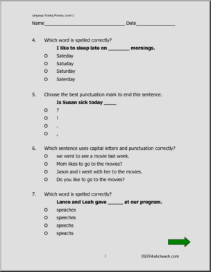 Language Arts (Level 2) Testing Practice – Abcteach