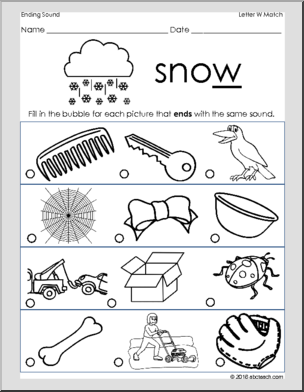 Ending Consonant Sounds: Match – Letter W – Abcteach