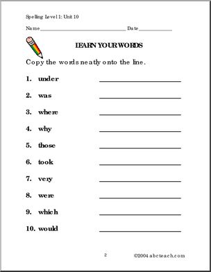 Level 1, Unit 10 High Frequency Spelling – Abcteach