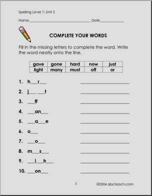 Level 1, Unit 6 High Frequency Spelling – Abcteach