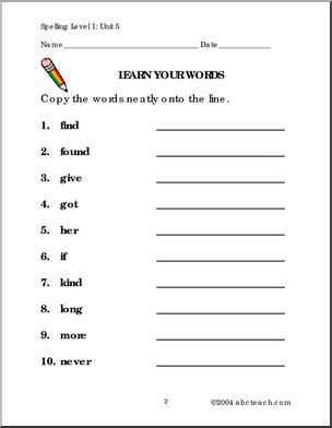 Level 1, Unit 5 High Frequency Spelling – Abcteach