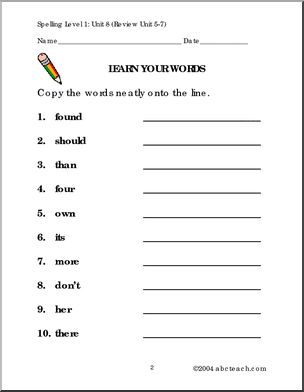 Level 1, Unit 8 High Frequency Spelling – Abcteach