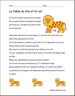 French: LectureÃ³Fable du lion et du rat, niveau dÃˆbutant – Abcteach