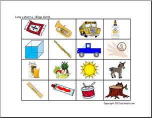 Long and Short U Vowel Sounds (color) Bingo Cards – Abcteach