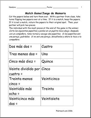 Spanish: Spanish 1 – Juego con nË™meros: empareja (secundaria). – Abcteach