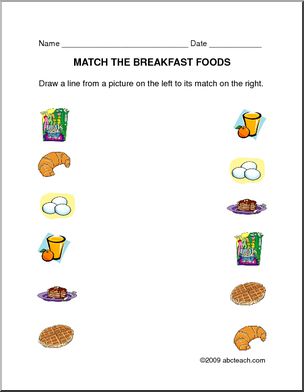Worksheet: Matching – Breakfast (prek/primary) – color – Abcteach