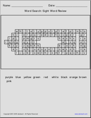 Word Search: Colors – Abcteach