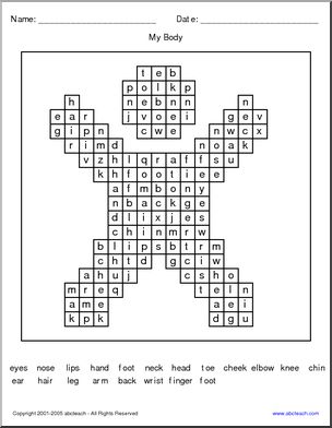 Word Search: My Body – Abcteach