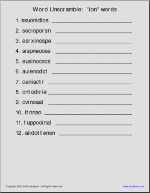 “ion” words Unscramble the Words – Abcteach