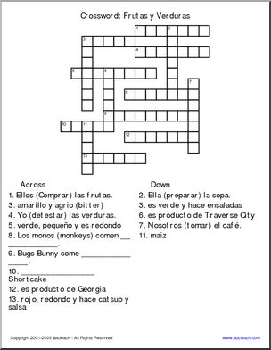 Crossword: Frutas y Verduras – Abcteach