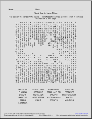 Word Search: Living Things – Abcteach