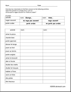 French: Interviewer un camarade de classe – Abcteach
