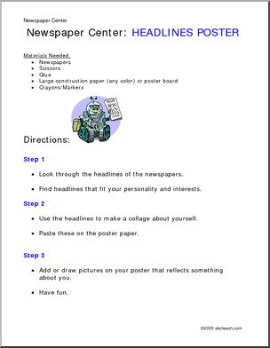 Newspaper Center: Headlines Poster (elem/upper elem) – Abcteach