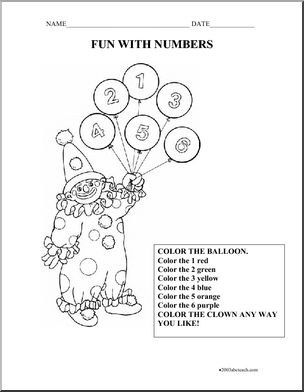 Color By Number: Balloons and Clown – Abcteach