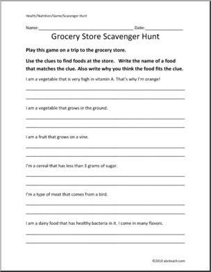 Game: Nutrition-Grocery Store Scavenger Hunt (elem) – Abcteach