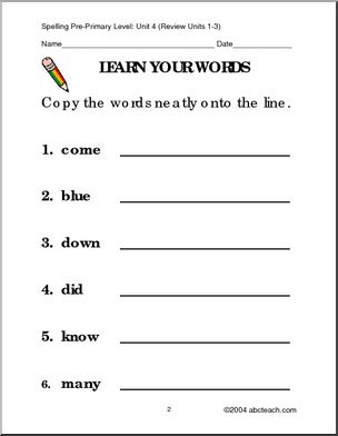 Pre-Primary, Unit 4 High Frequency Spelling – Abcteach