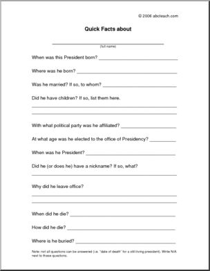 Worksheet: President Facts (upper elem) – Abcteach