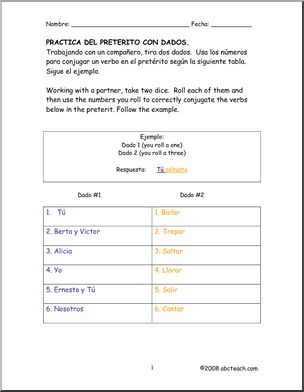 Spanish: PrÂ·ctica del PretÃˆrito: Juego con Dados (elementaria ...
