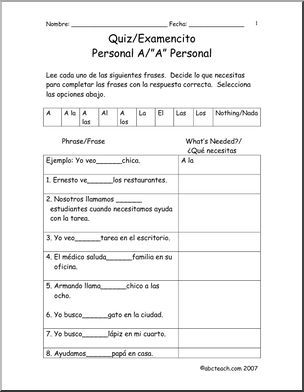 Spanish: Spanish 1 – Examencito de “a”‘ personal (secundaria) – Abcteach