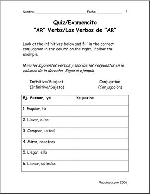 Spanish: Spanish 1 – Examencito de verbos “AR” 1 (secundaria) – Abcteach