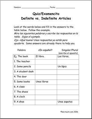 Spanish: Spanish 1 – Examencito de ArtÃŒculos Definidos e Indefinidos ...