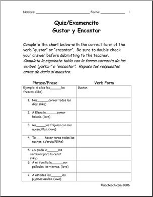 Spanish: Spanish 1 – Prueba de verbos: Gustar/Encantar (secundaria ...