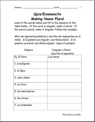 Spanish: Spanish 1 – De singular a plural 1(secundaria) – Abcteach