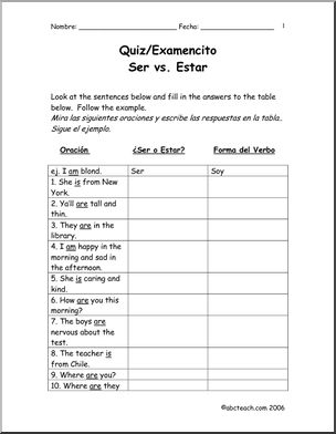 Spanish: Spanish 1 – Examencito de “Ser/Estar” 1 (secundaria) – Abcteach
