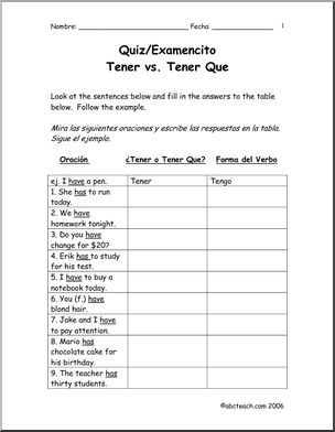 Spanish: Spanish 1 – Examencito de “Tener y Tener que” 1 (secundaria ...