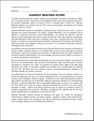 Spanish: ComprensiÃ›n de lectura – “Harriet Beecher Stowe” (elementaria ...