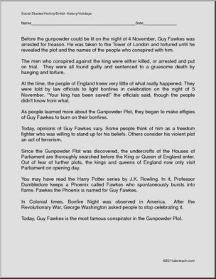 Comprehension: Guy Fawkes, Bonfire Night, The Gunpowder Plot (elem ...