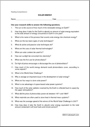 Comprehension: Solar Energy (middle/high school) – Abcteach