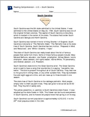 Comprehension: State – South Carolina (elementary) – Abcteach