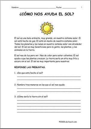 Spanish: ComprensiÃ›n de lectura – El Sol (elementaria/secundaria ...