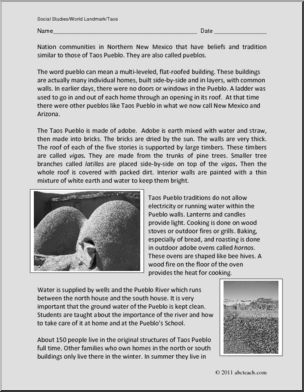 Comprehension: World Landmark – Taos Pueblo (elem) – Abcteach