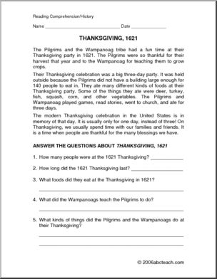 Comprehension: Thanksgiving in 1621 (elem) – Abcteach
