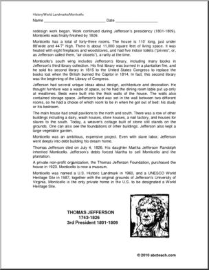 Comprehension: U. S. Landmark – Monticello (upper elem/middle) – Abcteach