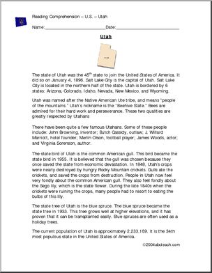 Comprehension: State – Utah (elementary) – Abcteach