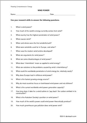 Comprehension: Wind Energy (middle/high school) – Abcteach