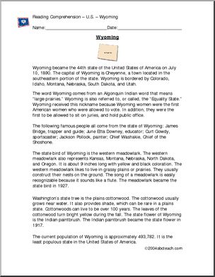 Comprehension: State – Wyoming (elementary) – Abcteach