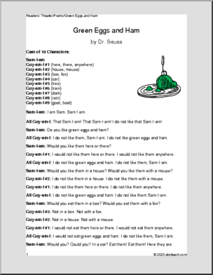 Green Eggs and Ham (primary/elem) Readers’ Theater – Abcteach