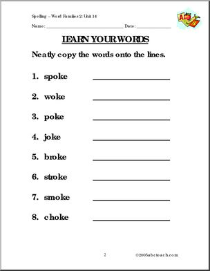Word Families 2– Unit 14 – “oke” words Spelling – Abcteach
