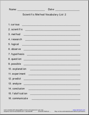 Vocabulary: Science; Scientific Method Set 2 (upper elem/middle) – Abcteach