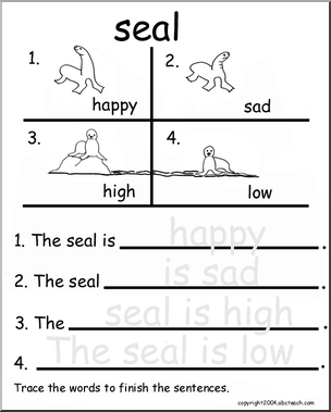 Beginning Writing Practice, Set 12a – trace (seal) – Abcteach